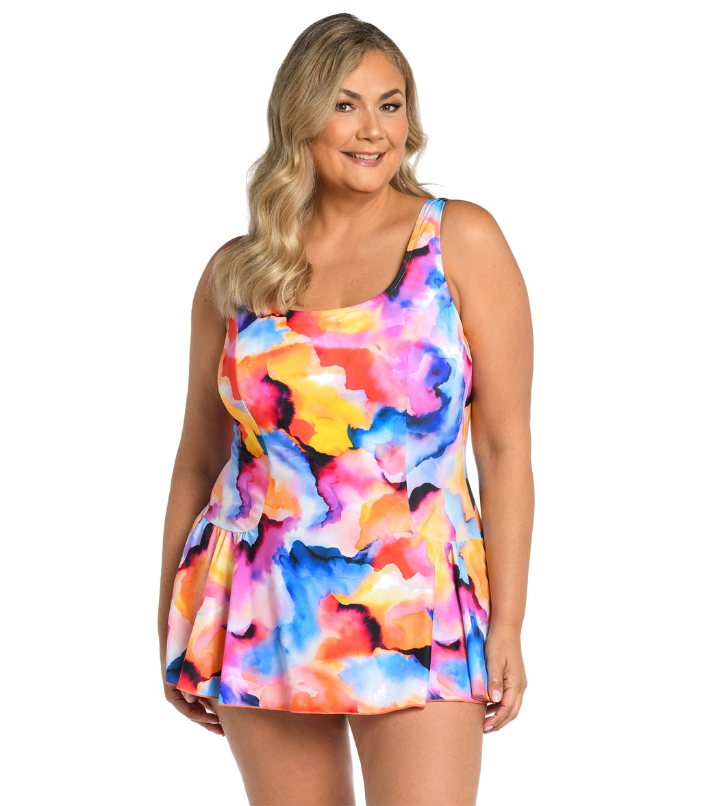Maxine Women's Plus Size Watercolor Bliss Princess Seam Swim Dress at ...
