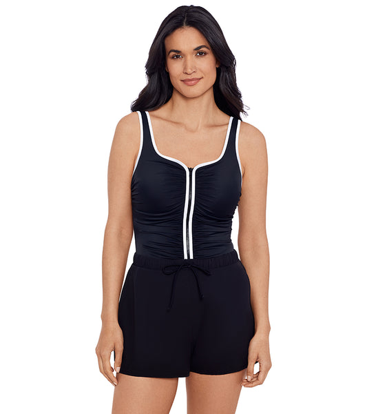 Shape Solver SPORT Women's Color Coated Shirred Zipper Swim Romper at ...