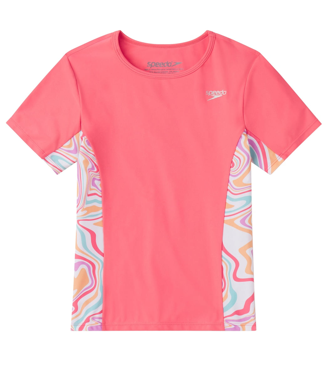 Speedo Girls' Short Sleeve Printed Splice Rashguard (Little Kid, Big ...