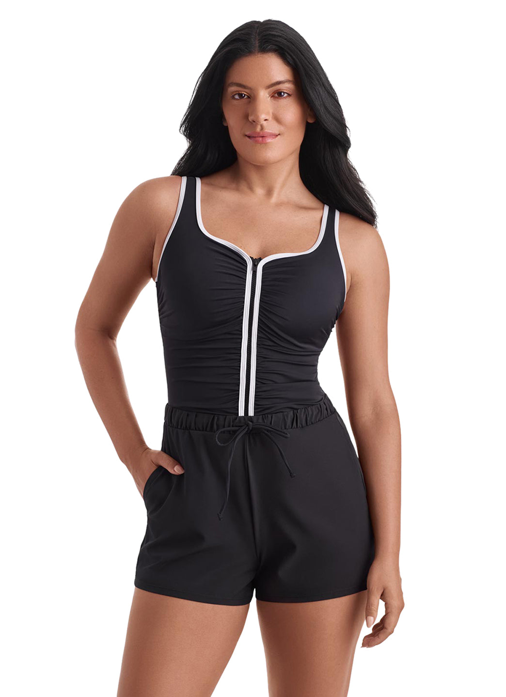 Shape Solver SPORT Women's Solids Shirred Zipper Runaround One Piece ...