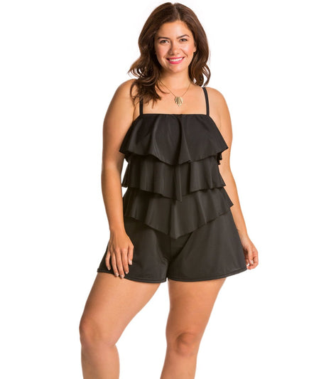 Fit4U Swimwear Plus Size Solid Tiered Swim Romper at SwimOutlet.com