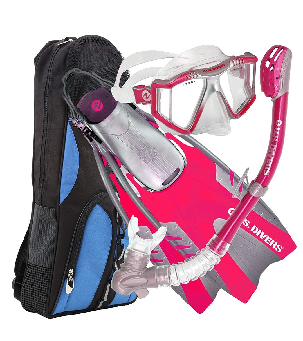 U.S. Divers Lux Panoramic View Mask, Dry Top Snorkel, Pivot Fins Set at ...