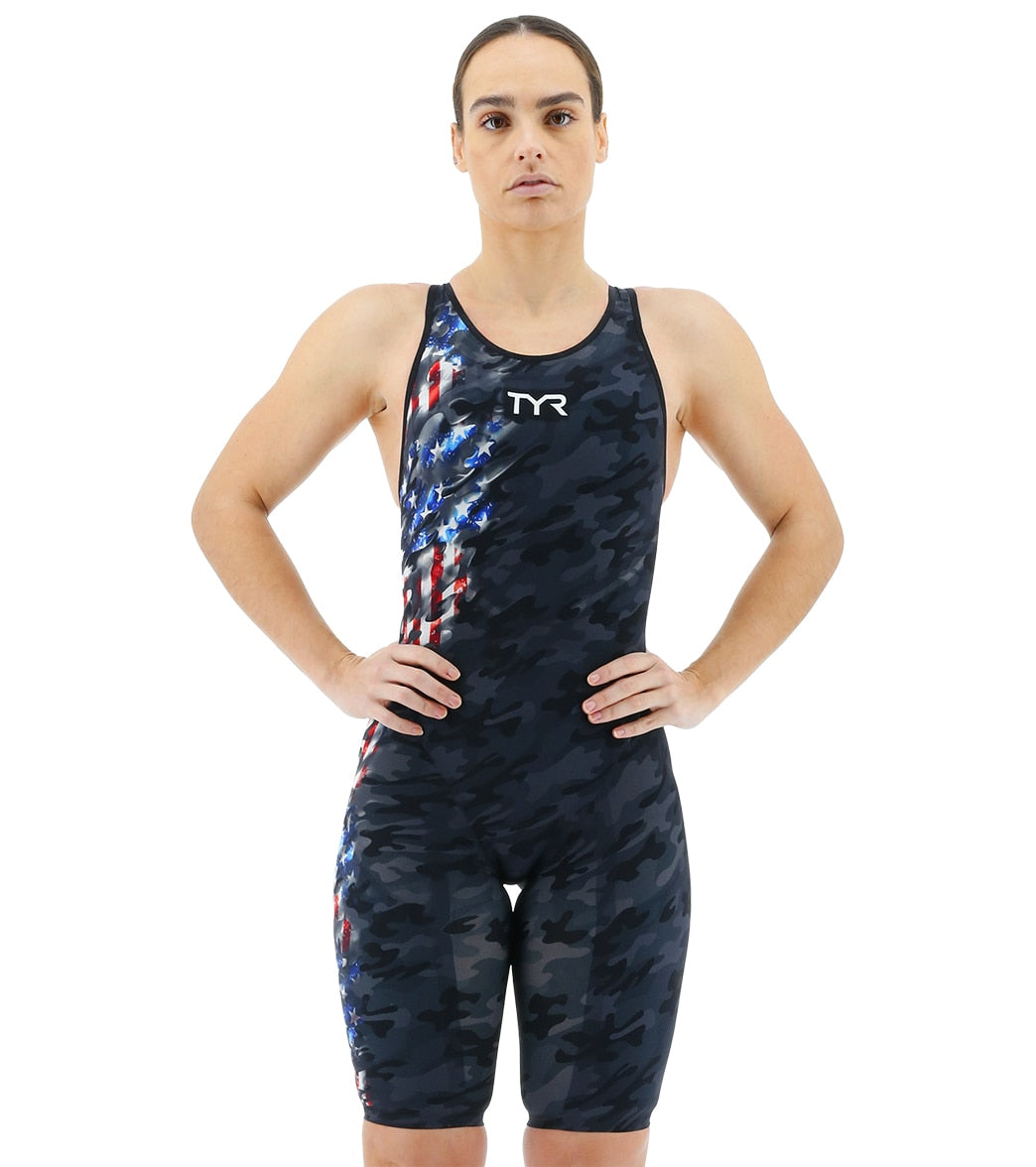 TYR Women's Venzo Camo USA Closed Back Tech Suit Swimsuit at SwimOutlet.com