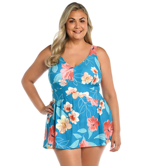 Maxine Women's Plus Size Crafted Botanical Empire Swim Dress at ...