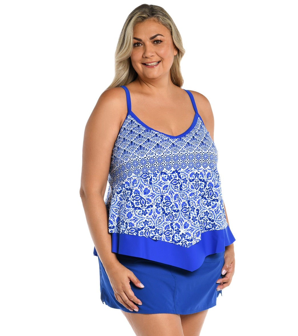 Maxine Women's Plus Size Greican Tile Flutter Tankini Top at SwimOutlet.com